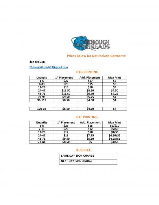 Screen Printing Price List - Thorough Threads