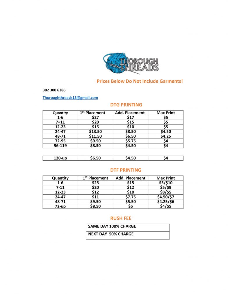 Screen Printing Price List - Thorough Threads